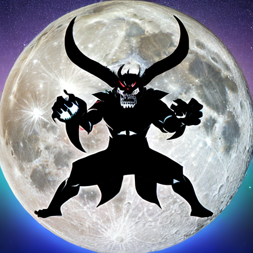 A Logo including a comic style demon and a moon as background