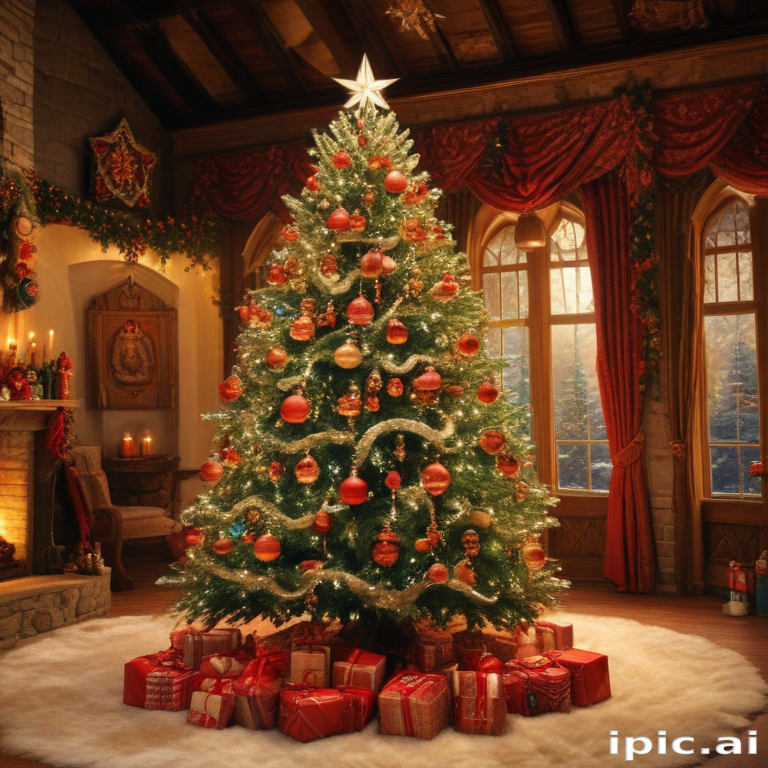 Enchanting Christmas Tree Decorated with Ornaments and Surrounded by Gifts