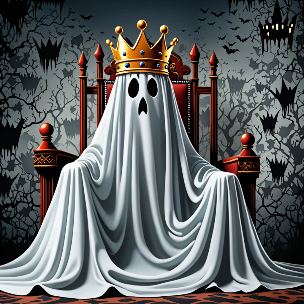 a scary bedsheet ghost king with a king crown sitting on a scary throne ...