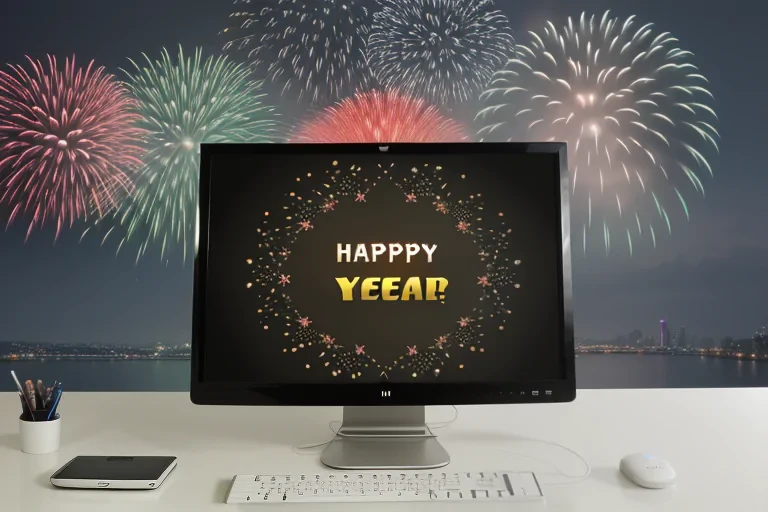 Celebrating the New Year with Fireworks and Festive Computer Background