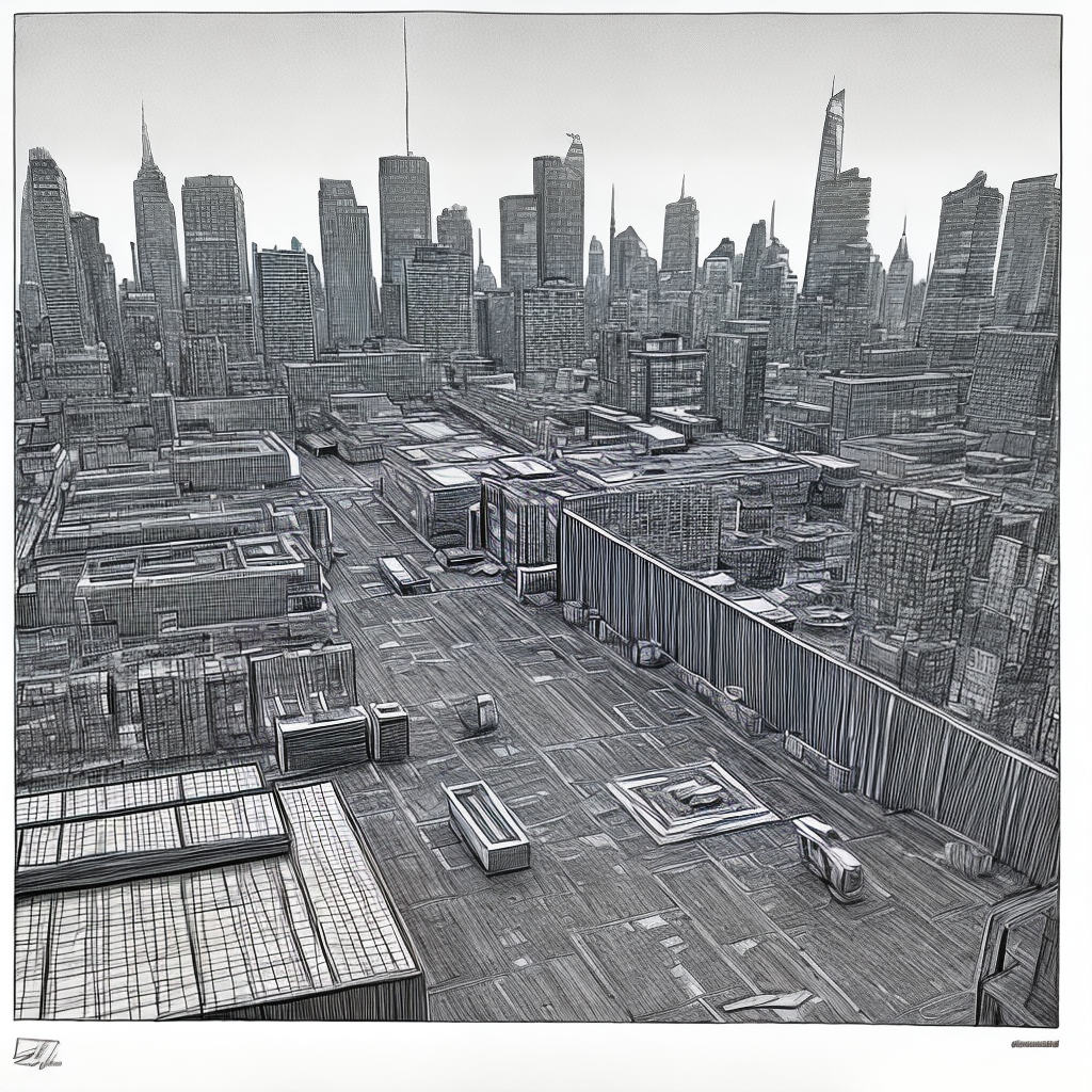 HELIPAD ON THE ROOFTOP. COMIC BOOK. SKETCH STYLE. BLACK AND WHITE.