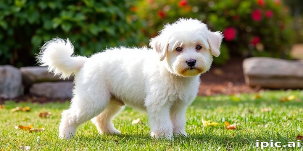 Adorable fluffy white puppy playing in a sunny garden setting.