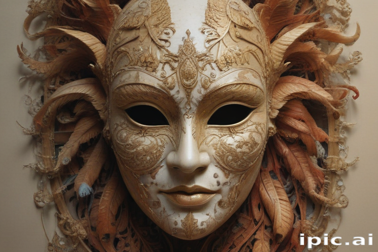 Intricate Ornate Mask Surrounded by Delicate Feathers and Natural Elements.