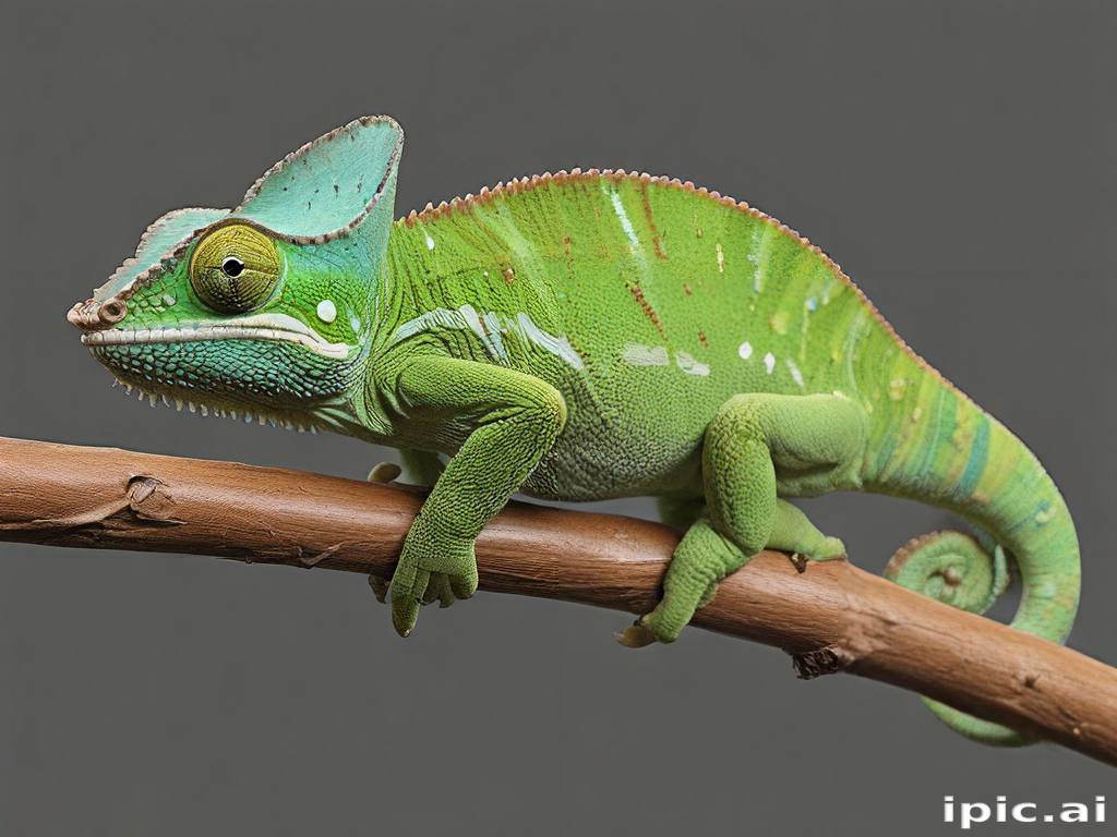 Colorful Green Chameleon Perched Gracefully on a Branch Against Gray ...