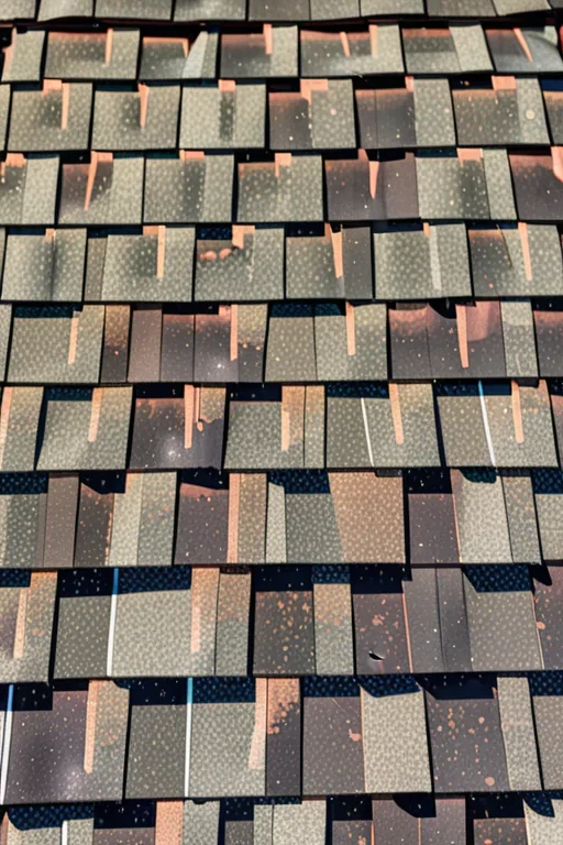 Close-Up View of Rain-Drenched Roof Shingles with Reflected Light Patterns