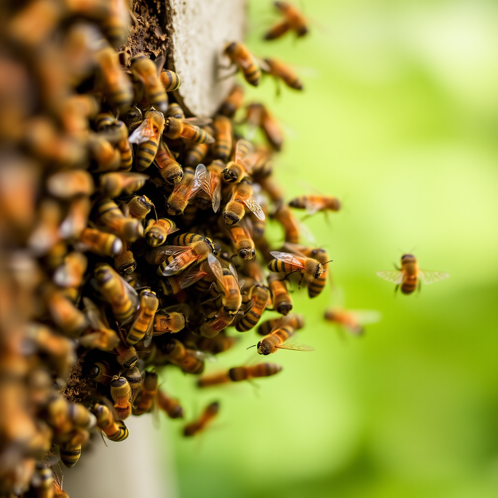 A Busy Swarm of Bees Gathering Pollen Near Their Hive Entrance.