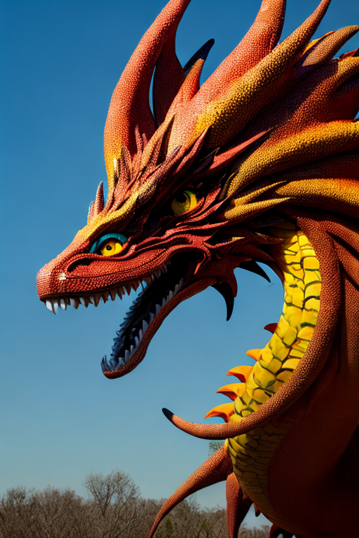 a large, scary sun dragon with feathers, scales, and a long tail. Close ...
