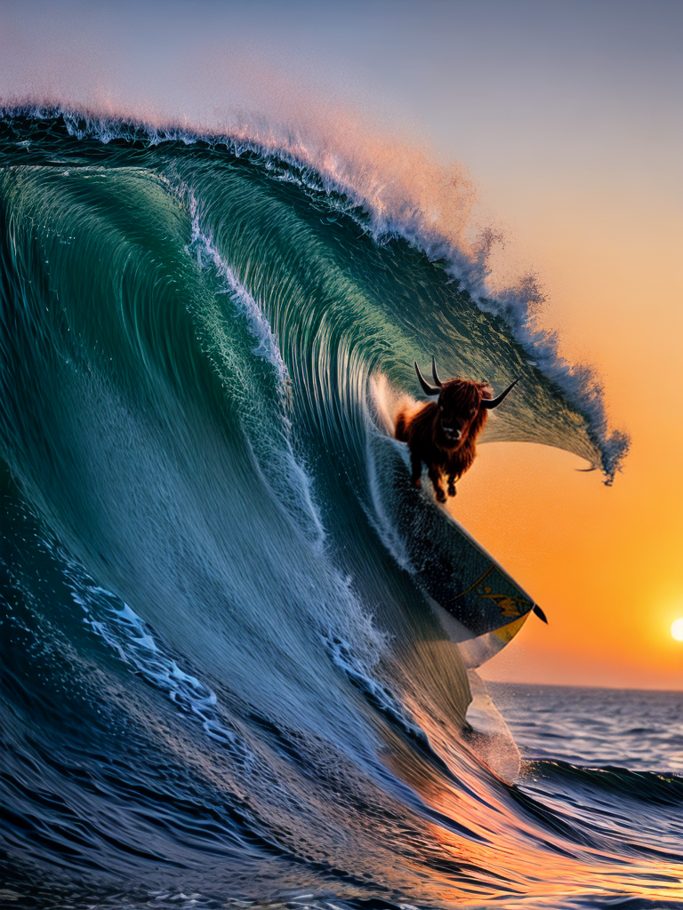 Highland cow surfing