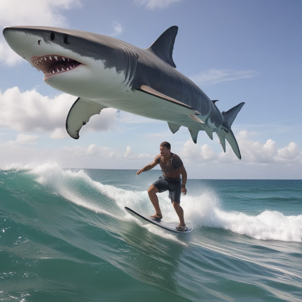 Man surfing on shark and escaping military jets and tanks
