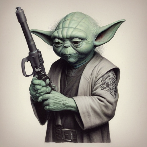 yoda with tattoos and a gun