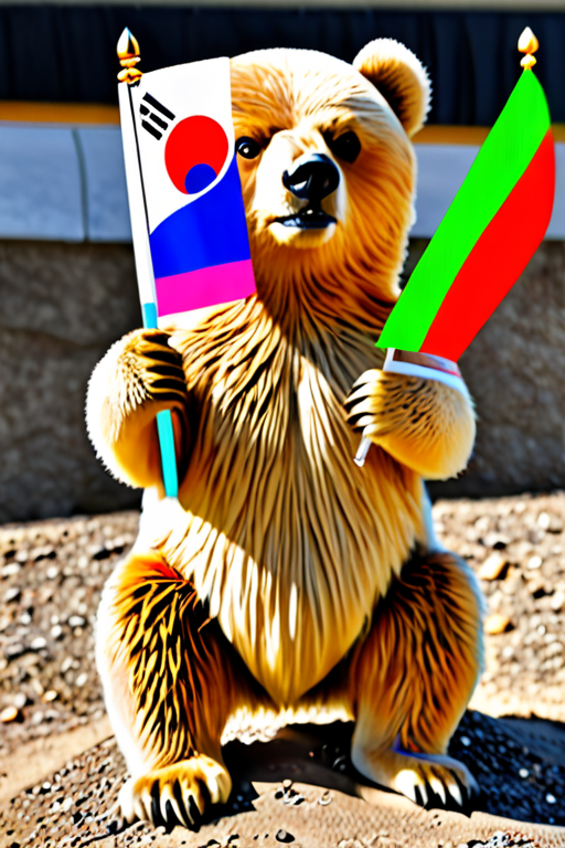 A bear bearing the flag of the Republic of South Korea eats a falcon ...