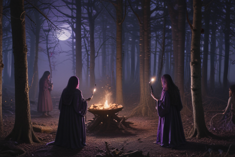 from a distance, lots of witches with purple hair in an enchanted dark ...