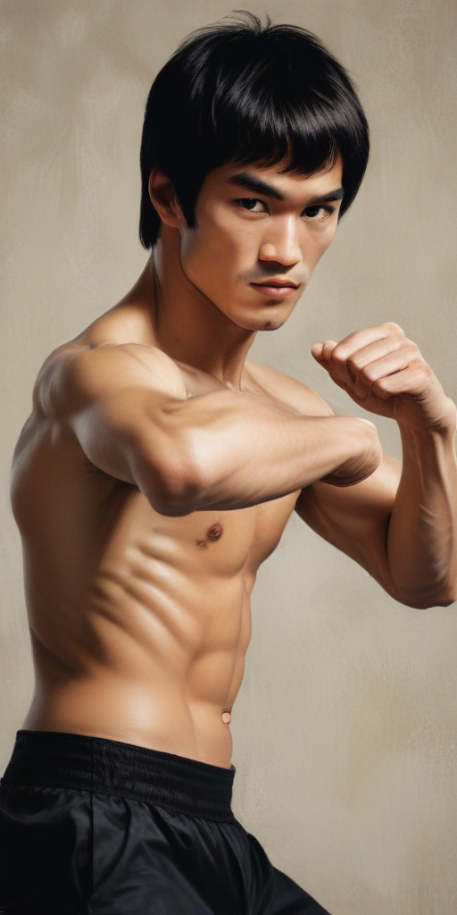 Bruce Lee's fighting pose with his famous quote, painting style