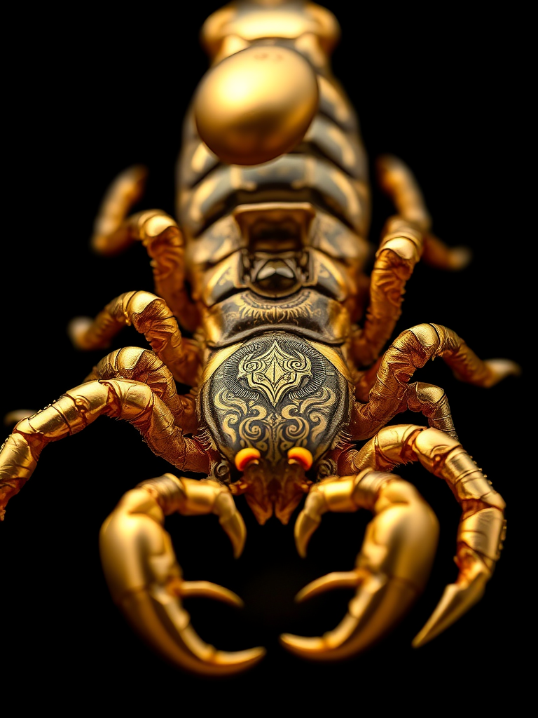 Create a highly detailed digital illustration of a gold scorpion, with ...