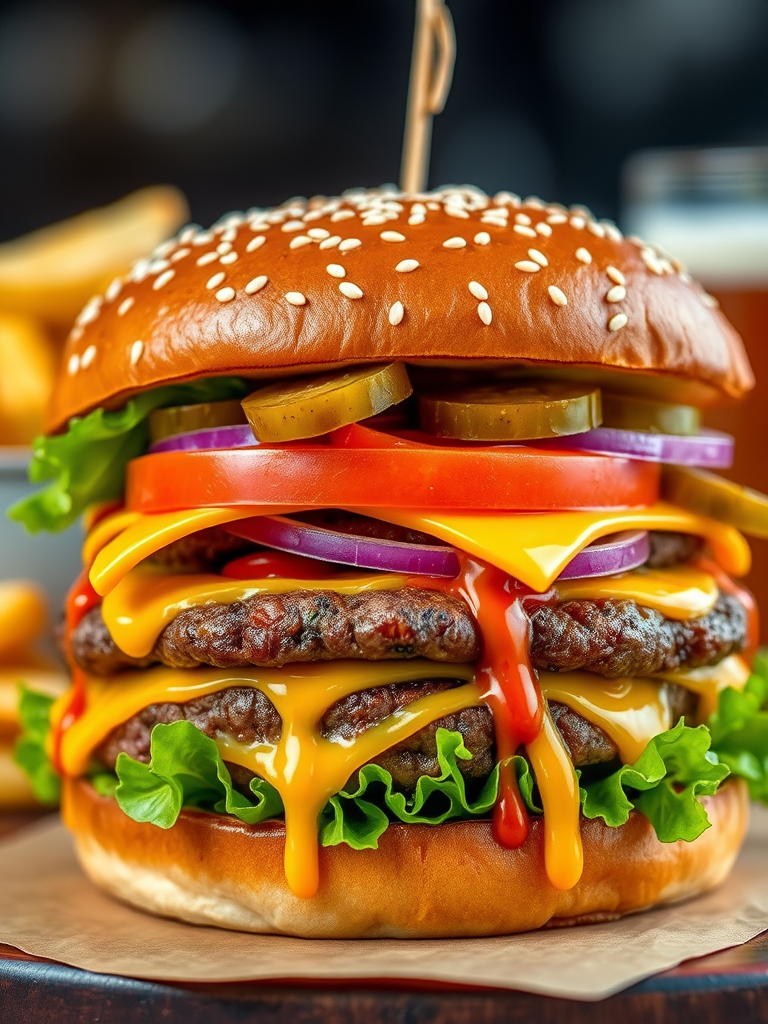 Delicious Triple Cheeseburger Stacked High with Fresh Veggies and Toppings