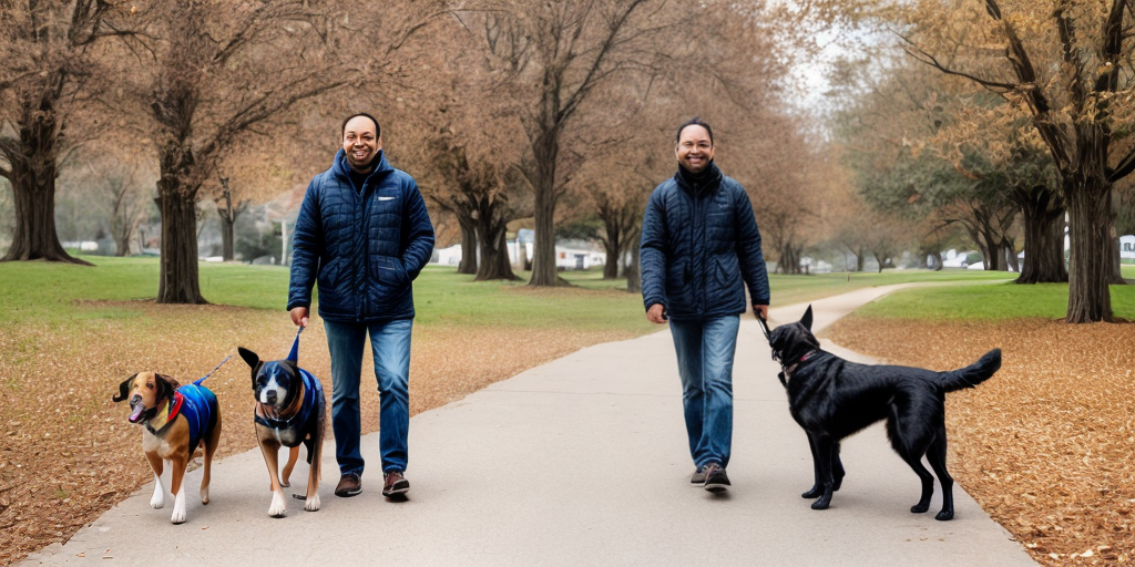 two people with one dogs
