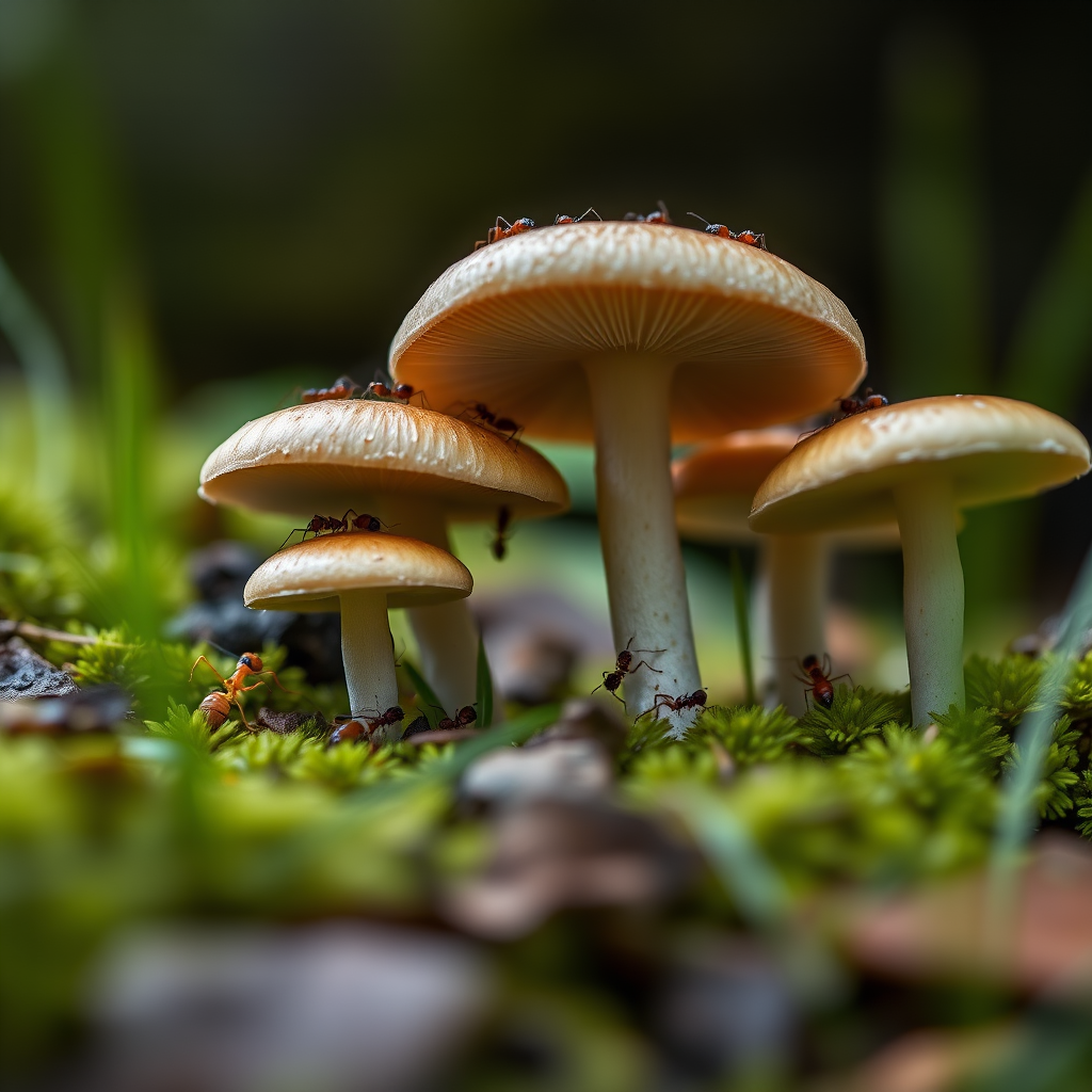 macro shot of mushrooms with ants, shallow depth of field, f/2.8, ISO ...