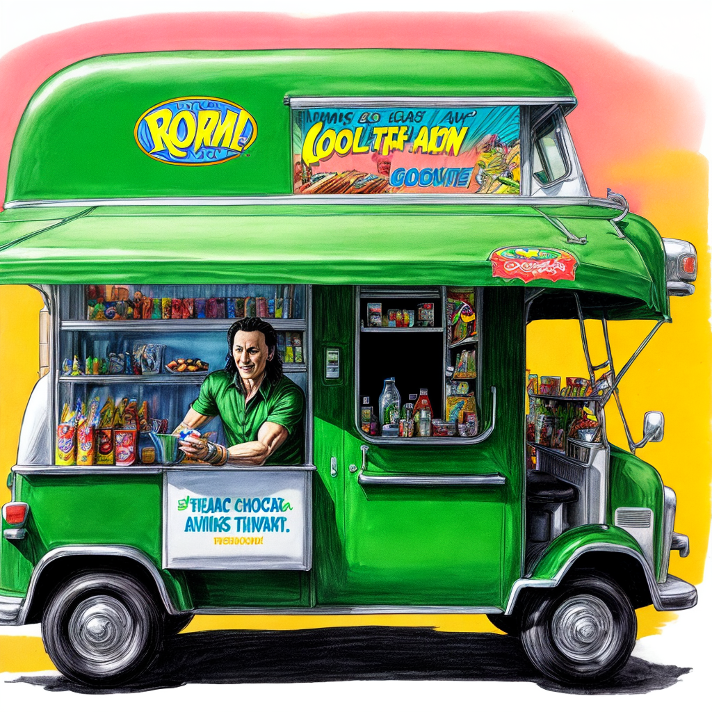 Loki, eating ice cream next to the ice cream truck, comic book style
