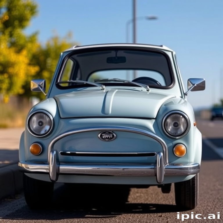 A Vintage Blue Car Parked on a Sunny Street in the City.