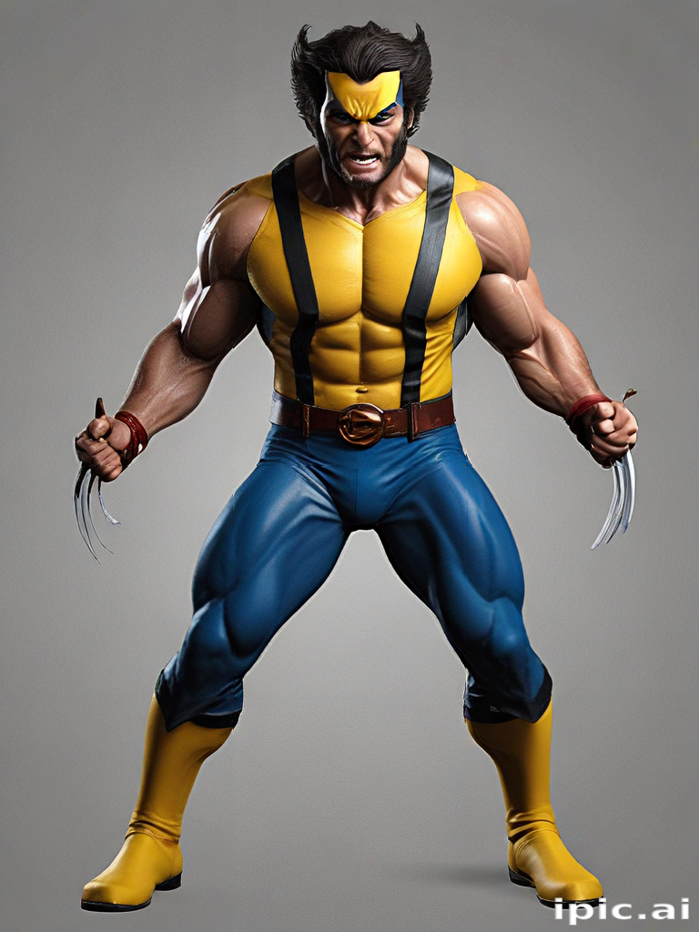 Fierce Superhero with Claws Ready for Action in Yellow and Blue Costume