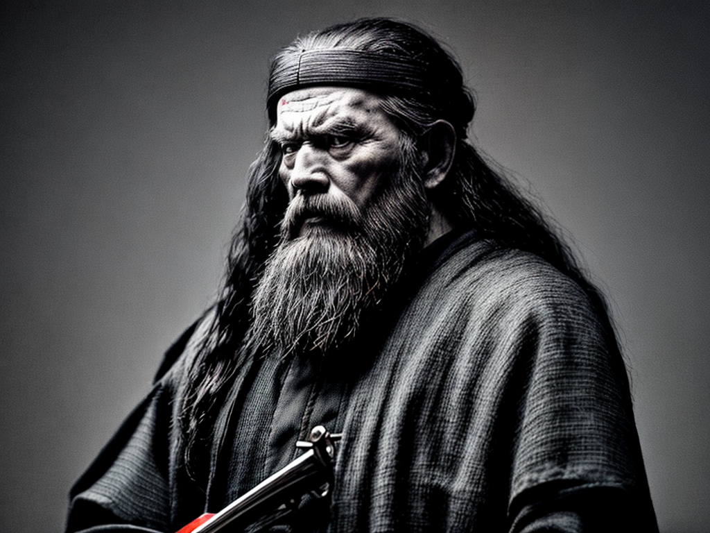 blackmetal moody aesthetic, wise old finish samurai with a long red ...
