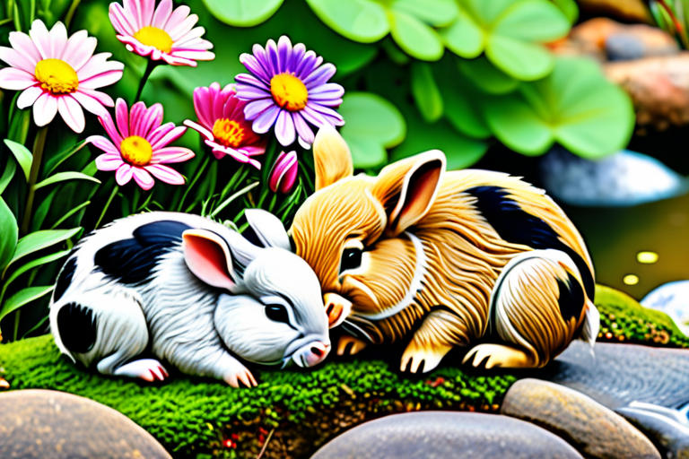 cute spotted piglet and yellowish lop rabbit sleeping together near ...