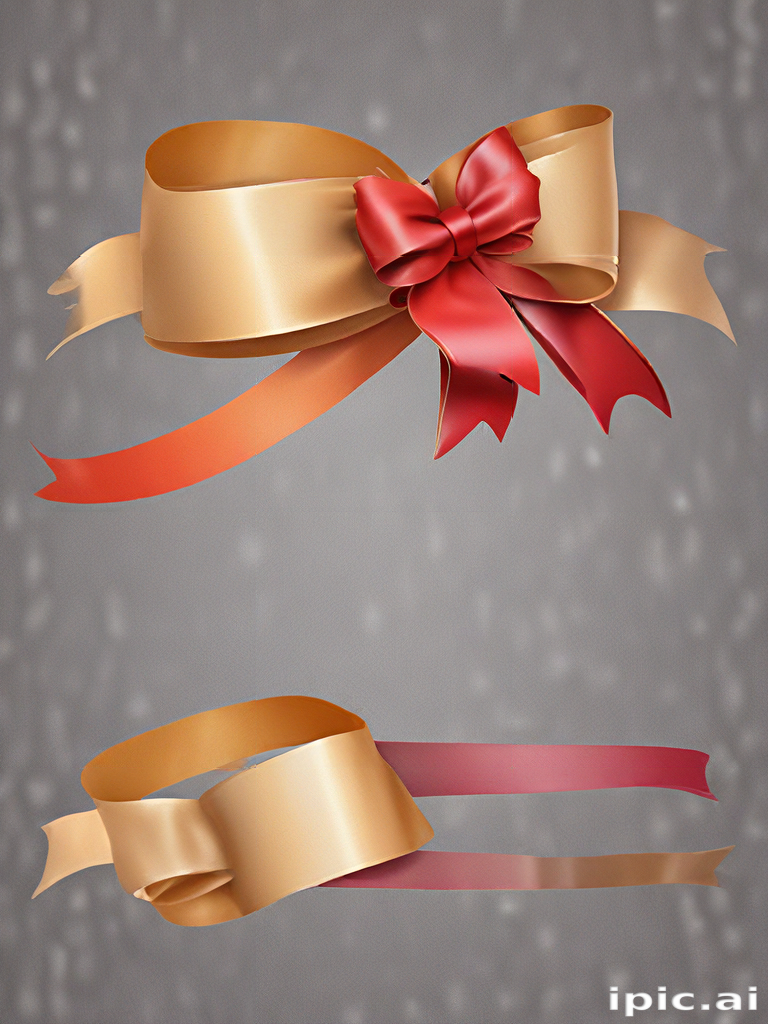 Elegant Gold and Red Ribbon Bow with Flowing Streamers on Gray Background