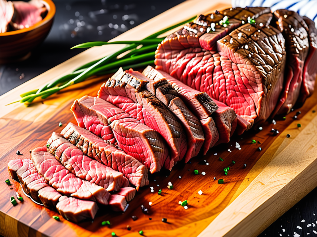 Deliciously Sliced Beef Roast Garnished with Fresh Green Onions and Spices