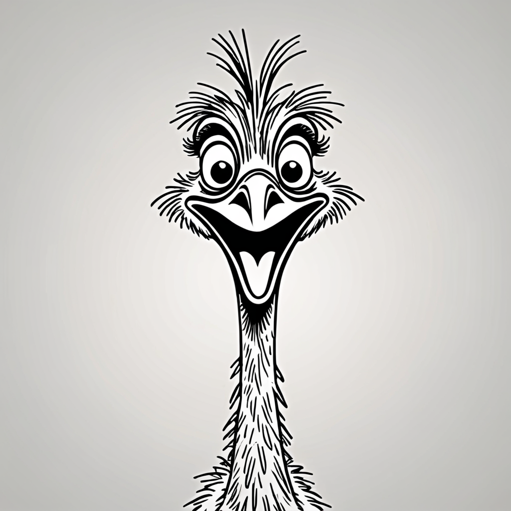 simple line drawing of cartoon Pixar style happy, excited emu low ...
