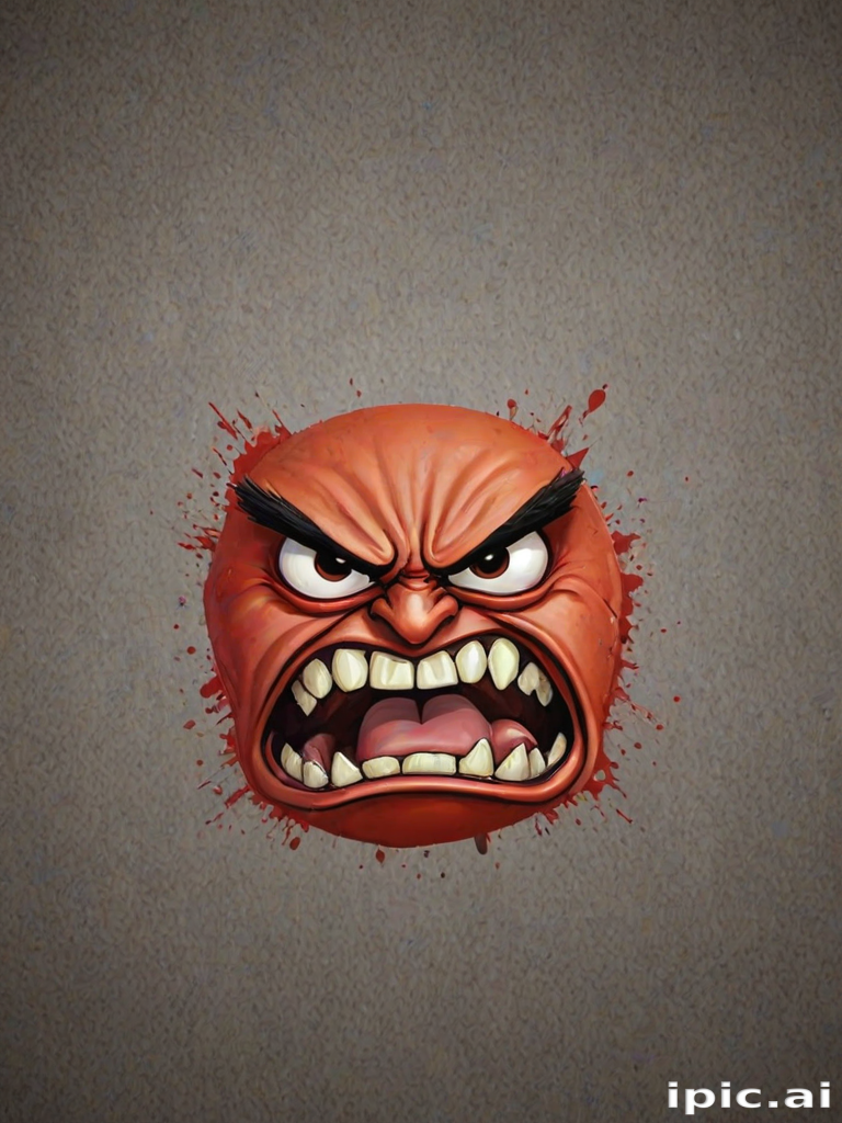 Furious Cartoon Face with Intense Expression and Blood Splatter Background