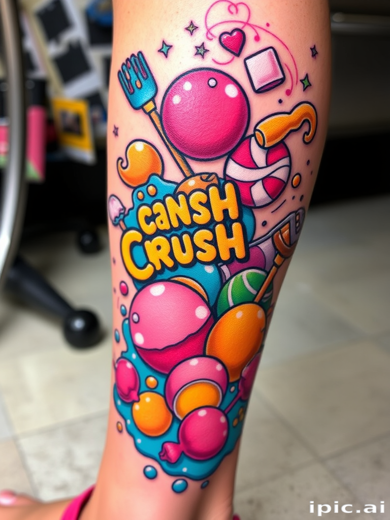 Colorful Candy-Themed Tattoo Featuring Bubbles and Sweet Treats Design