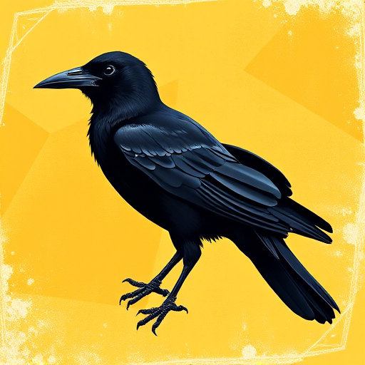 A Black Raven Perched Gracefully Against a Bright Yellow Background.