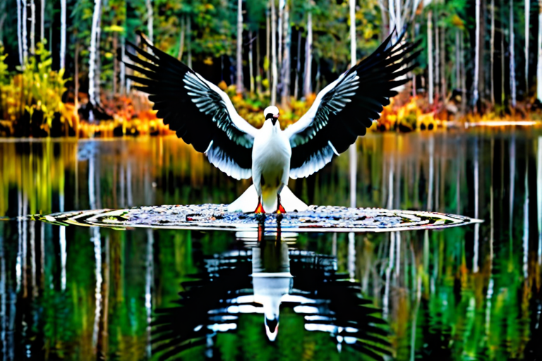white and black bird humanoid levitating vertically with closed wings ...