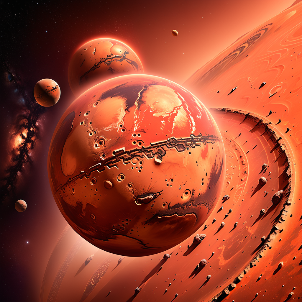 Vibrant Cosmic Landscape Featuring Red Planets and Stunning Orbital Rings