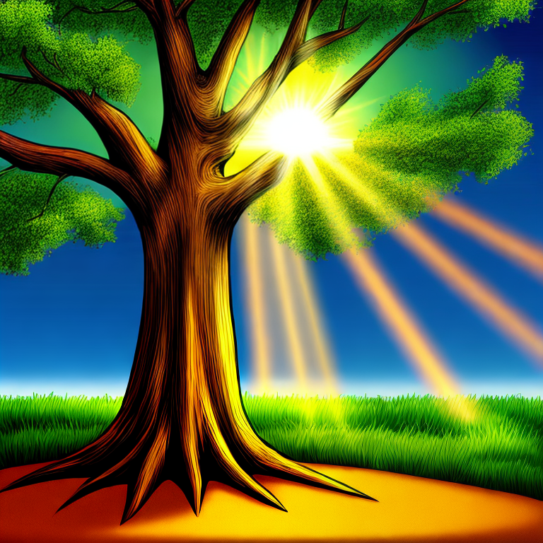 the sun's rays warm the tree, cartoon style