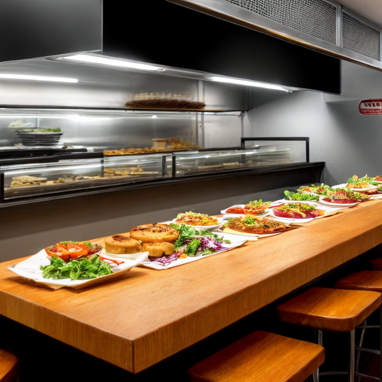 Spanish tapas restaurant counter with wood fire cooking against the ...