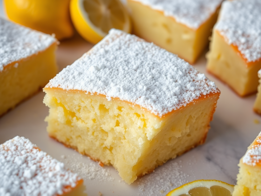 Deliciously Moist Lemon Cake Squares Topped with Powdered Sugar and ...