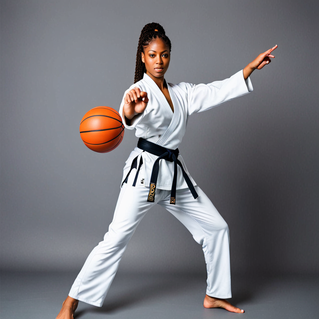black female martial artist doing karate and basketball