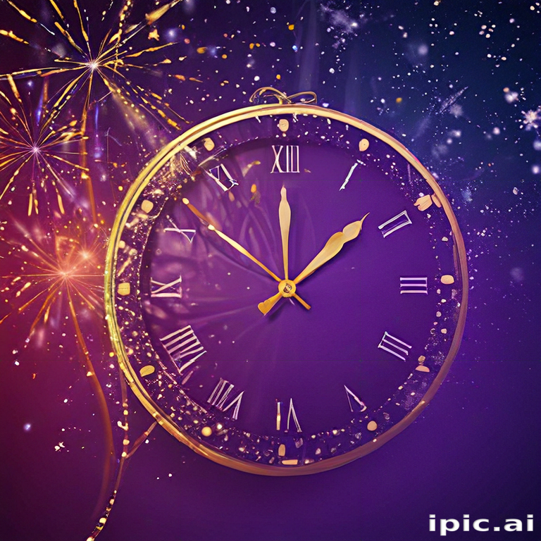 Elegant Clock Surrounded by Colorful Fireworks Celebrating the New Year