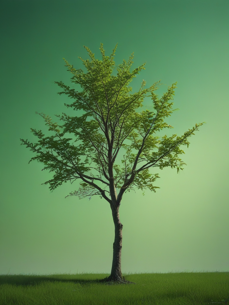 A Lush Green Tree Standing Alone Against a Vibrant Green Background.