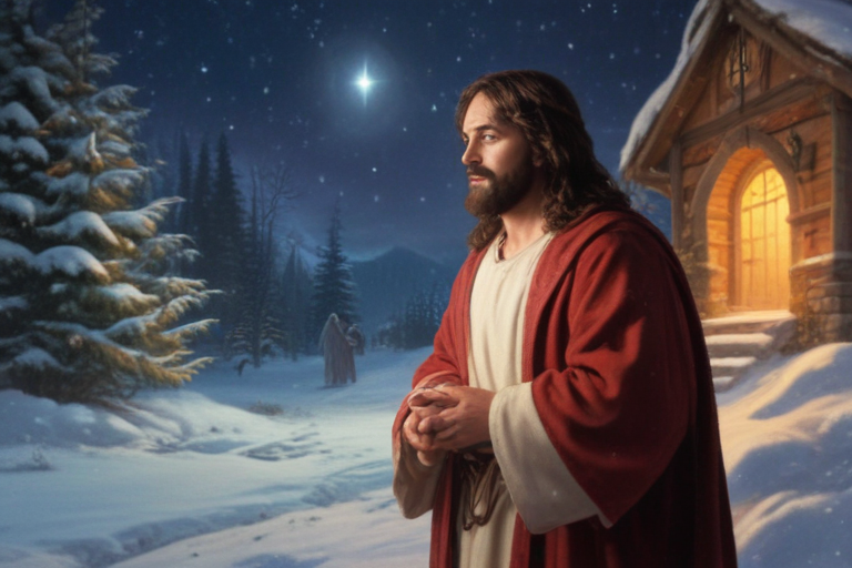 Peaceful Winter Night with Jesus Amidst Snowy Trees and Soft Light