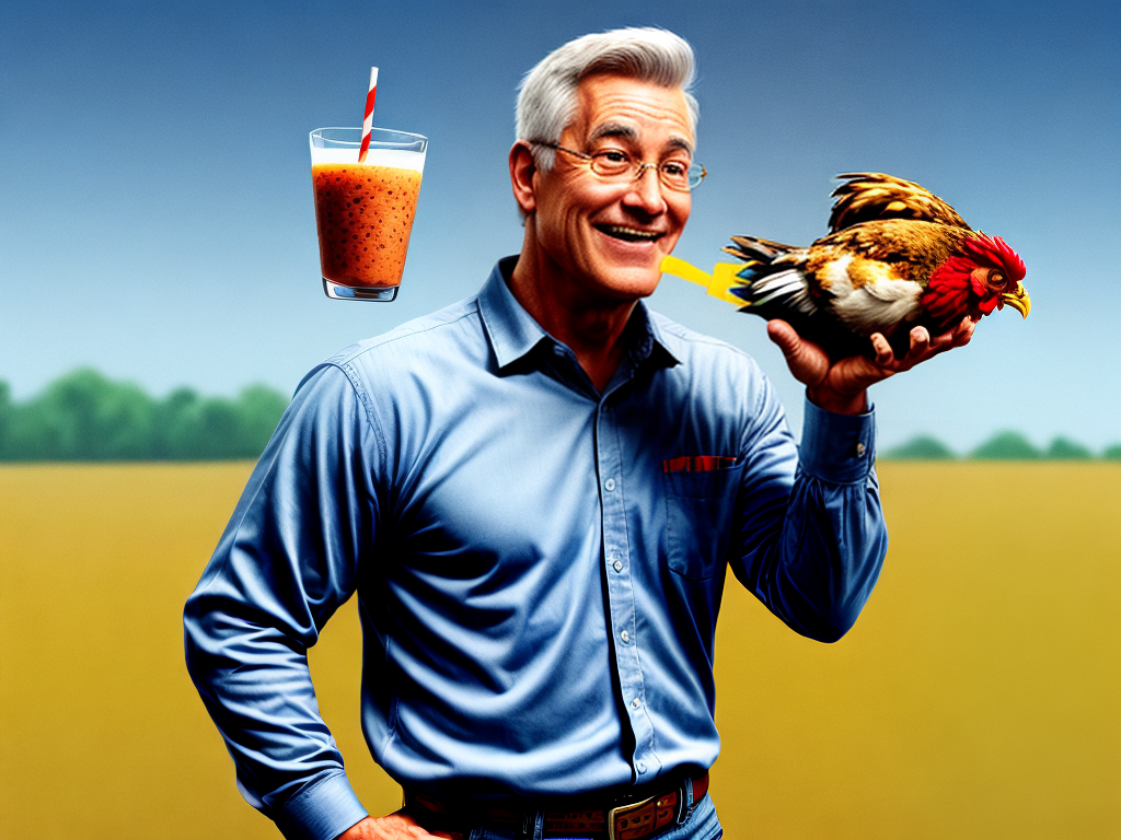 pixar style guy with gray hair drinking a chicken smoothie