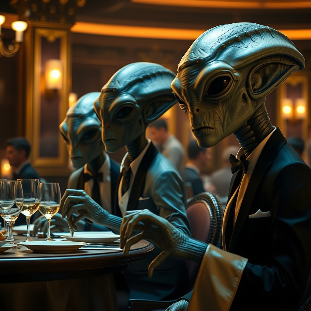 alien creatures dining in an opulent restaurant, elegant attire ...