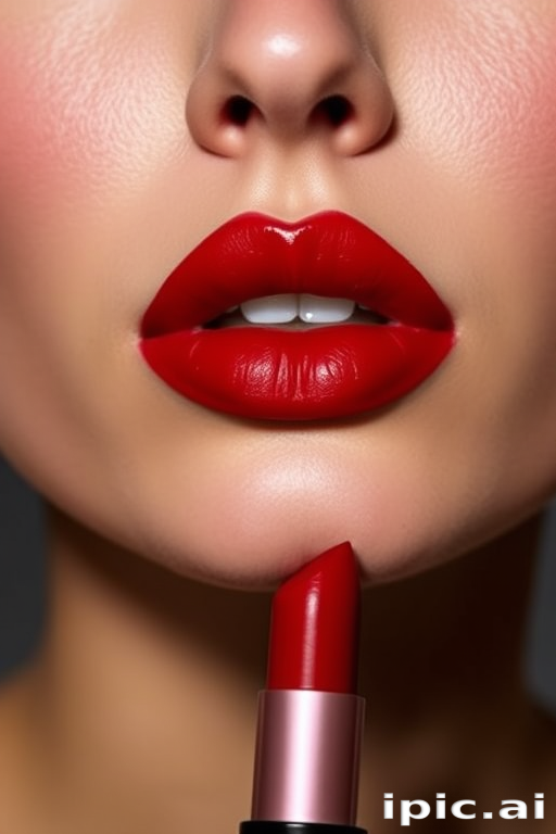 Close-Up of a Bold Red Lipstick Application on Beautiful Lips