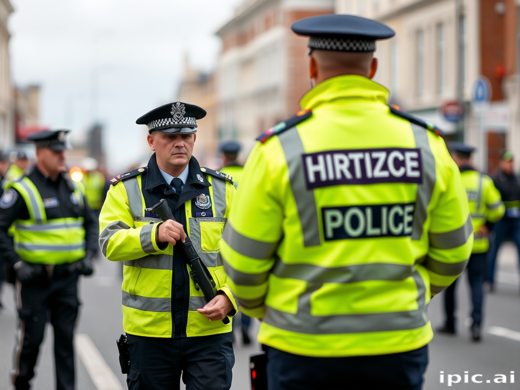 Police Officers in Bright Jackets Managing a Crowded Urban Environment