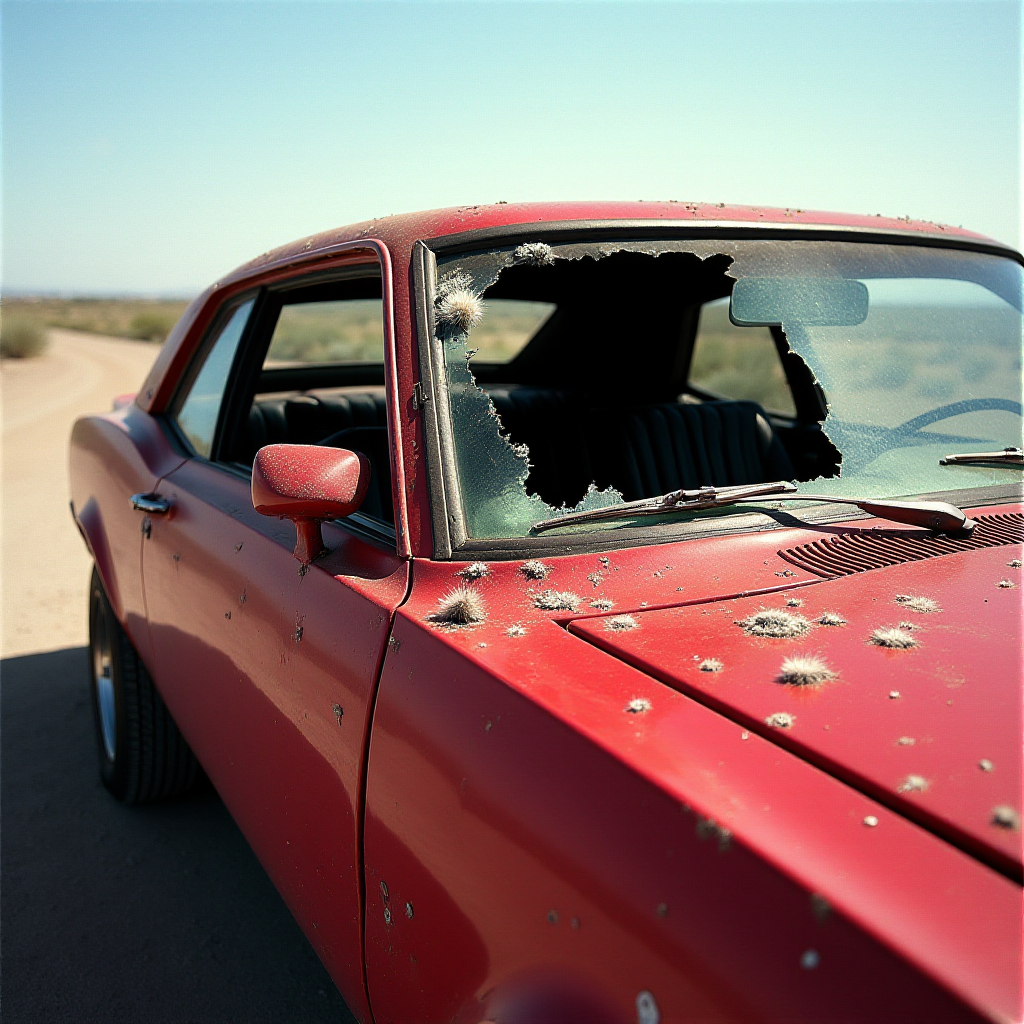 Abandoned Red Car on a Dusty Road with Broken Windows and Rust