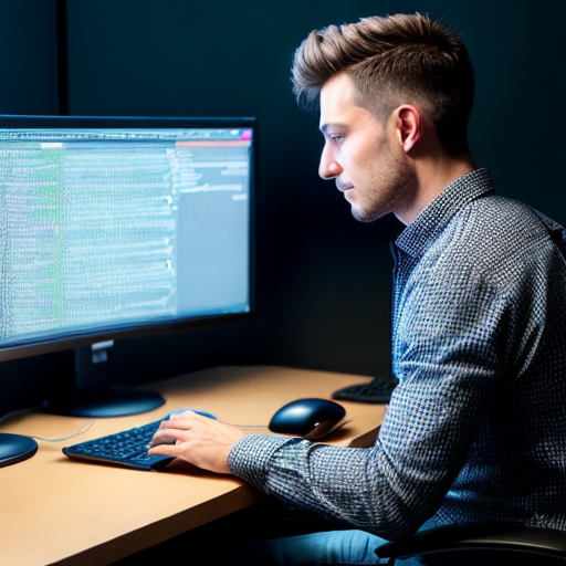 a cartoon cyber geek programmer coding on a high-tech work desk, dark ...