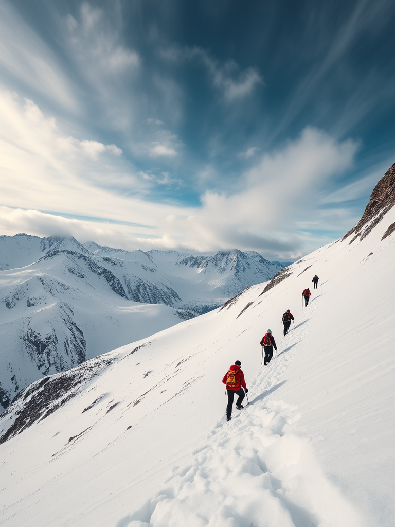 Create an image of a snow-covered mountain landscape with hikers ...
