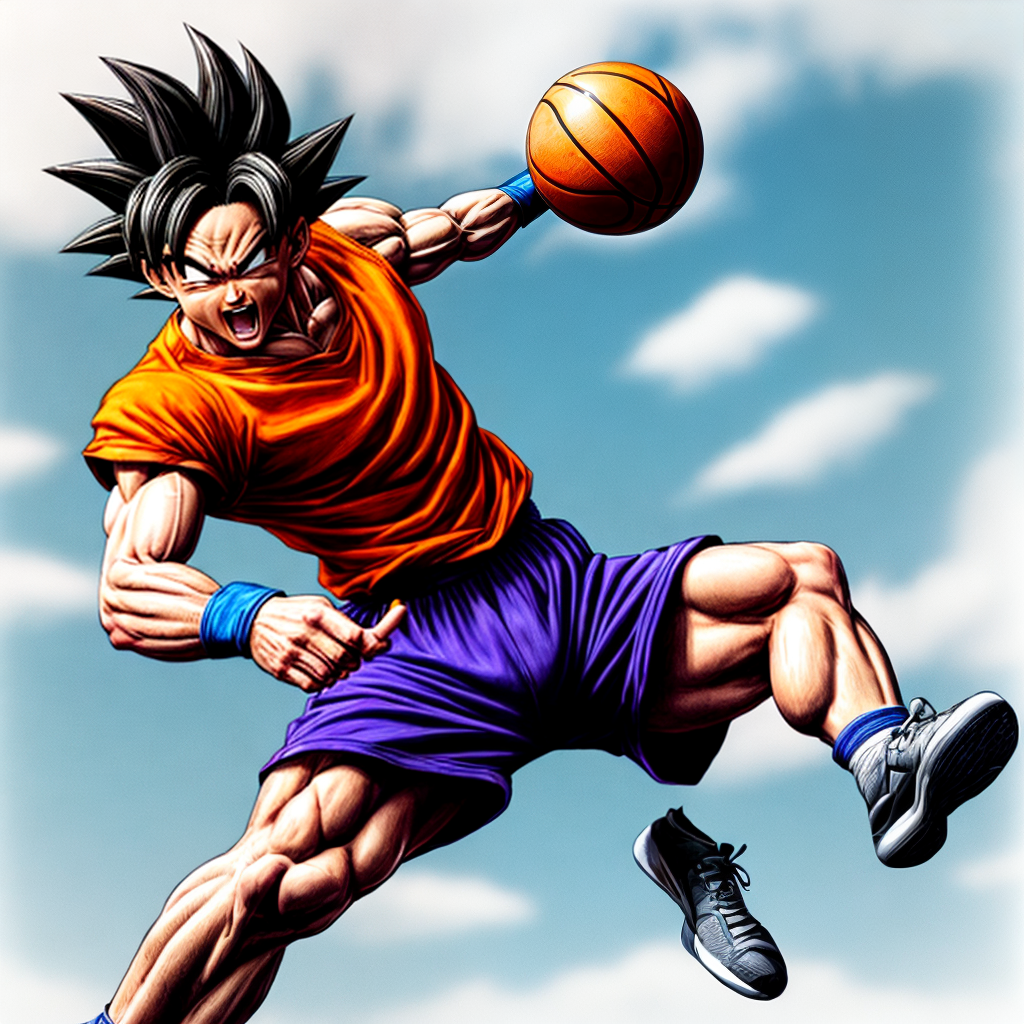create an image of Goku from Dragon Ball playing basketball for a shirt ...