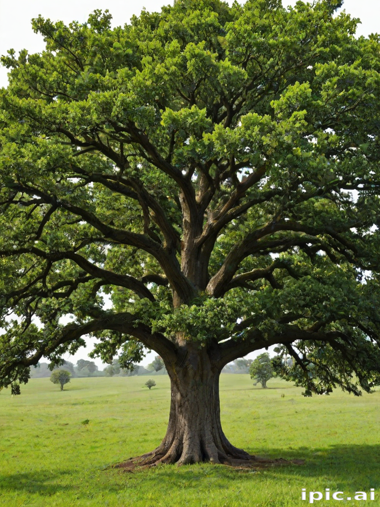 Majestic Oak Tree Standing Tall Amidst Lush Green Fields and Nature